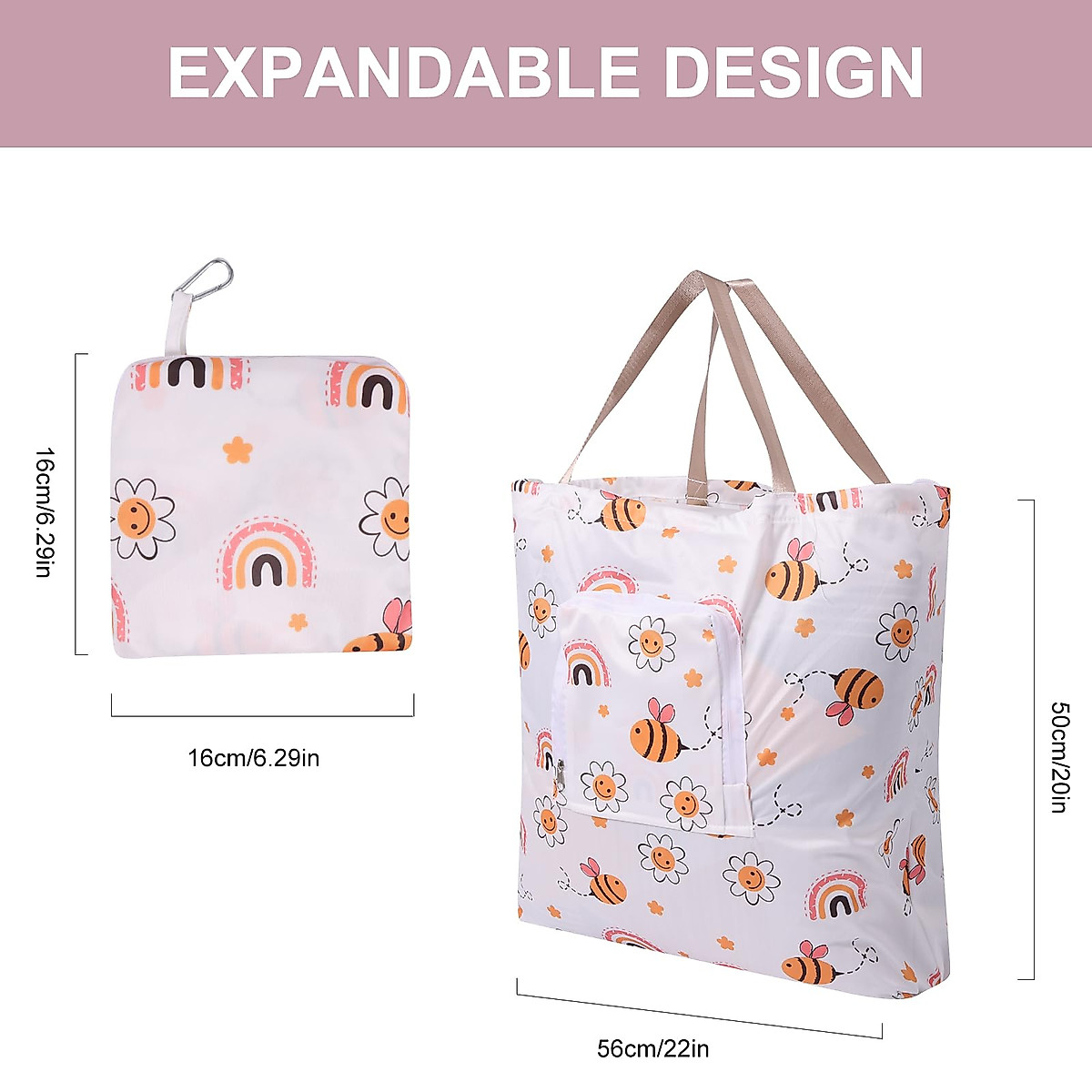 SANFERGE 2 Pack Travel Laundry Bag with Handle and Drawstring, Expandable Foldable Dirty Clothes Bags with Hook and Zipper, 23*20 inch, Cartoon 1 White + Pink