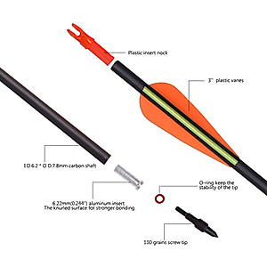 Carbon Arrow Hunting Arrows with 100 Grain Tip and Removable Tips for Archery Compound & Recurve & Traditional Bow Practice Shooting Targeting