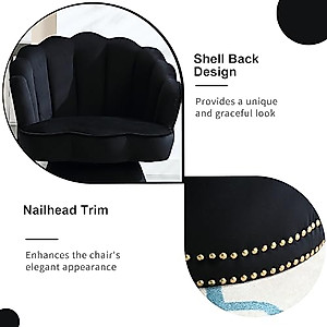Sudwesto 360 Degree Swivel Barrel Chair, Velvet Upholstered Armchair, Round Accent Sofa Chair with Shell Back Design and Nailhead Trim, Swivel Club Chair for Living Room, Bedroom (Black)