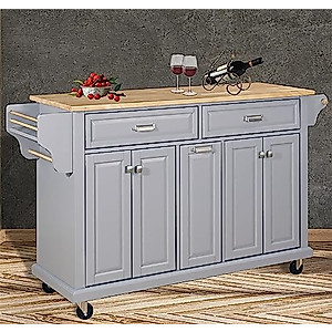 LKTART 51'' Mobile Kitchen Island Extensible 60.5''Solid Wood Table Top with 3 Drawers 4 Doors Spice Rack Towel Rack Movable on Wheels Kitchen Island for Kitchen