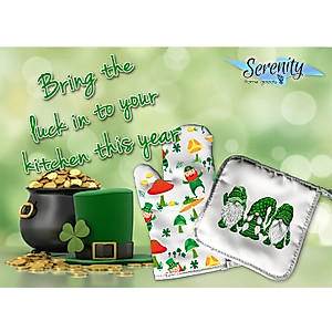 St Paddys Day | Saint Patricks Day | Spring Decorative Kitchen Hot Plate Pot Holder Oven Mitt Set | Leprechaun Shamrock Clover Green Gold Gnome | Cute Home Decor (Paddy's Day Gnomes)