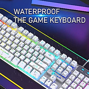 KUIYING Gaming Keyboard and Mouse Combo,RGB Rainbow Backlit Keyboard with PC Wired Keyboard+2400DPI 6 Buttons Rainbow LED Gaming Mouse+Mouse Pads for PC PS4 (White), 20.9 x 6.1 x 2.1