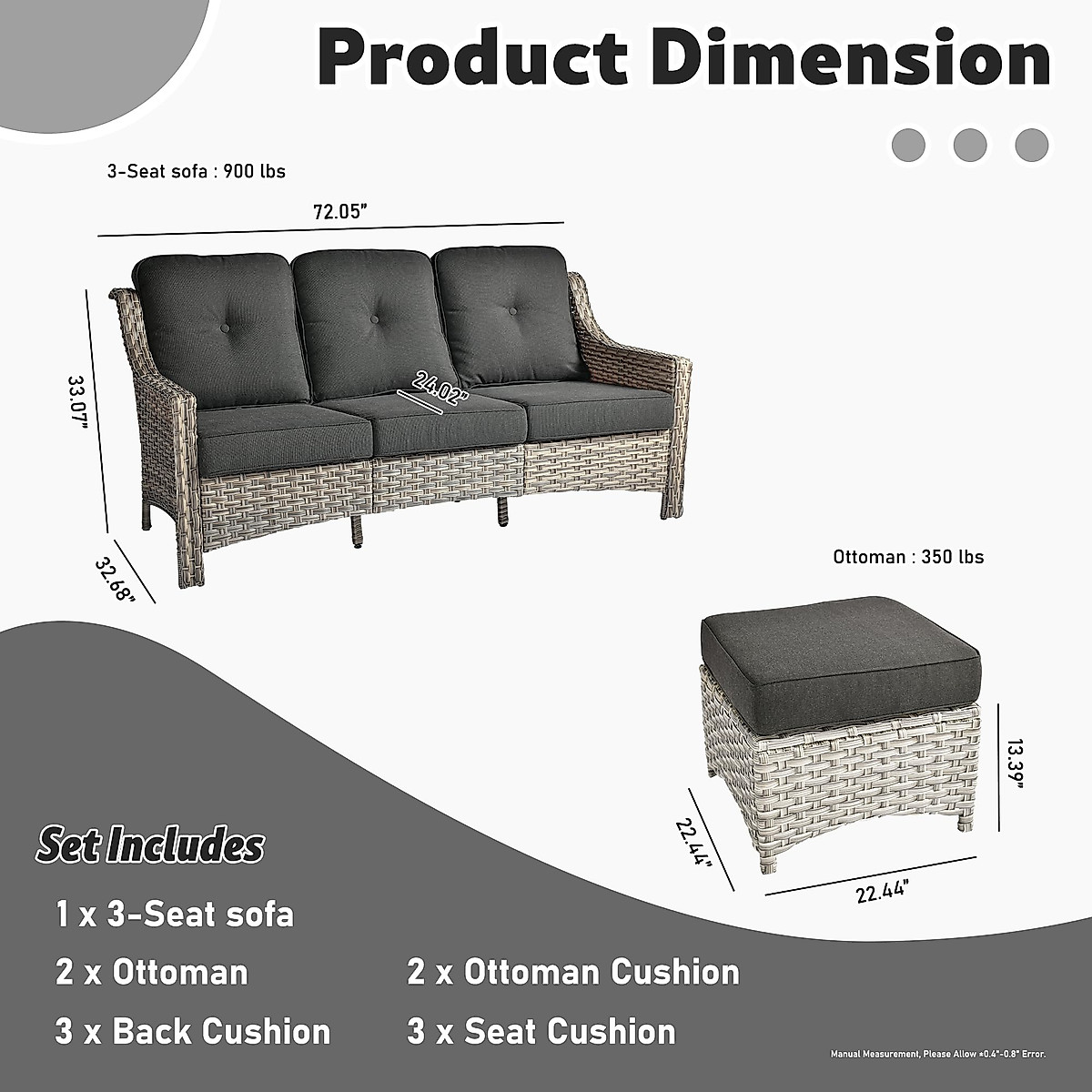 ovios 3 Piece Outdoor Patio Furniture with 3 Seat Sofa & Ottoman,Rattan Wicker Coversation Set with High Back,Sectional Sofa for Outside Porch Balcony Backyard Pool,Black