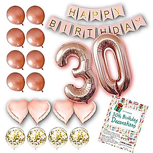 30th Birthday Decorations For Her - Birthday Decorations: 40 Inch 30th Gold Balloons, Pink and Gold Happy Birthday Decorations for Women, Happy Birthday Banner, Confetti Balloons, Rose Gold Heart Balloons (22 Pieces)