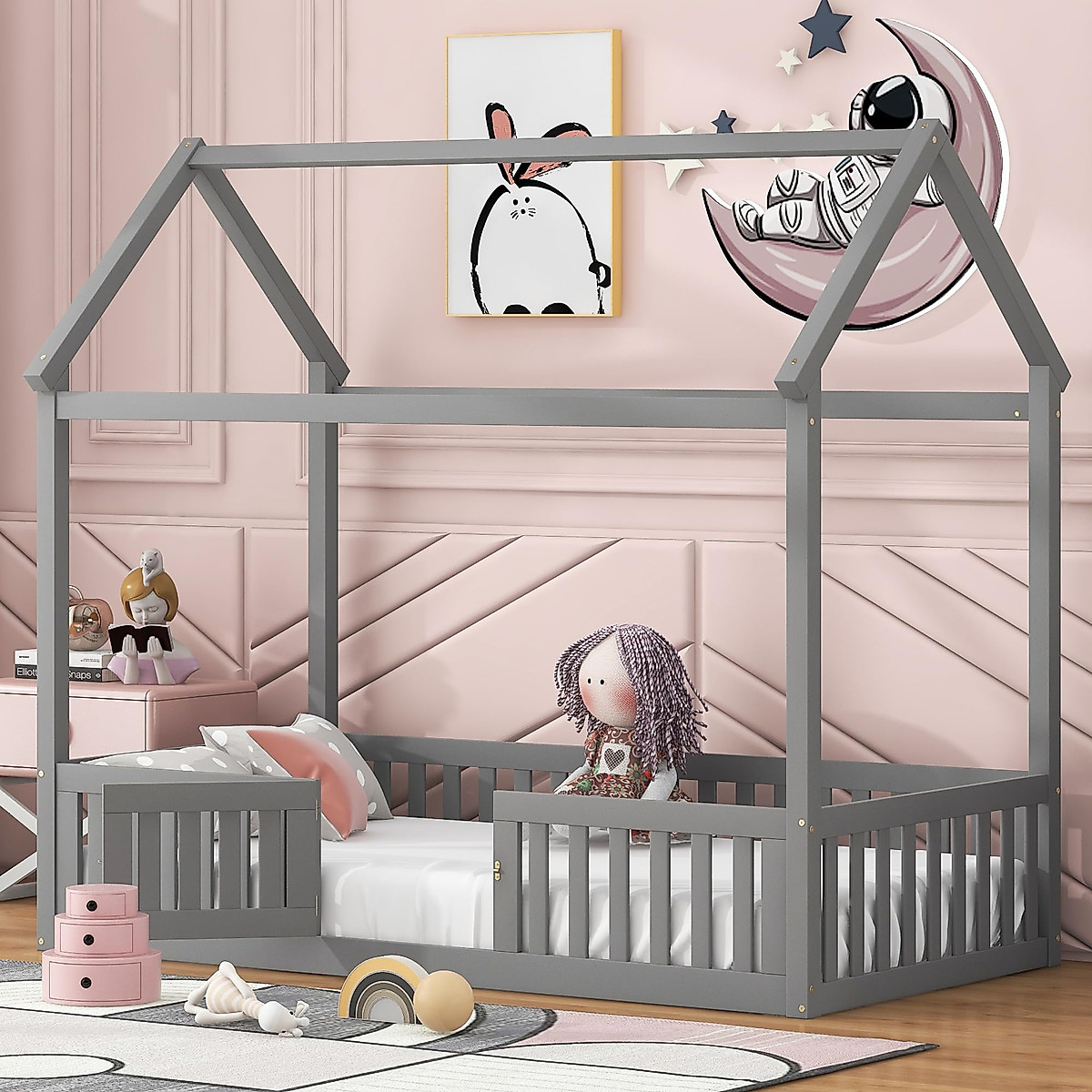 Bellemave Twin Size Montessori House Bed for Kids, Wood Floor Beds with Fence Railings & Door, Twin Playhouse Bed for Boys Girls, Box Spring Needed, Gray Wash