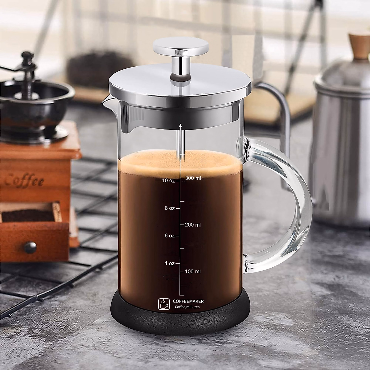 French Press Coffee Maker 12 Ounce Espresso Tea Coffee Maker with 4 Filters System, Stainless Steel Plunger and Heat Resistant Borosilicate Glass BPA-Free Brewed Tea Pot Coffee Plunger(Silvery 12oz)