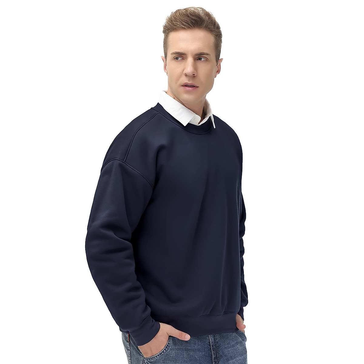 THE GYM PEOPLE Men's Fleece Crewneck Sweatshirt Thick Loose fit Soft Basic Pullover Sweatshirt(Navy Blue, Large)