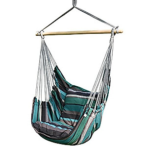 Prime Garden Comfort Cotton Hanging Hammock Chair, Rope Swing Chair with 2 Cushions for Indoor or Outdoor - Max. 275 Lbs (Green Stripe)