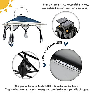 Suntime 13x13 Instant Pop Up Gazebo Canopy Tent Shelter with Solar LED Lights, Zippered Mesh Mosquito Netting, Wheeled Roller Carry Bag, Bonus Weight Sandbags, Stakes, Ropes - Navy