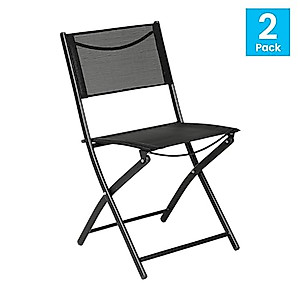 Flash Furniture Brazos Commercial Indoor-Outdoor Folding Chairs, Flex Comfort Backs/Seats, Metal Frames, Portable Lightweight Foldable Design, Set of 2, Black/Black