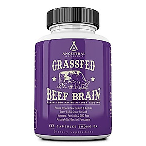 Ancestral Supplements Grass Fed Beef Brain Supplement with Beef Liver, 3000mg, Whole Food Brain Support for Brain, Mood & Memory Health, Brain & Liver Health Formula Capsules, Non-GMO, 180 Capsules