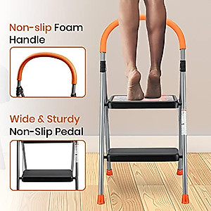 2 Step Ladder, Folding Metal Step Stool for Adults, Portable Steel Foldable Step Ladder for Heavy Duty, Wide Anti-Slip Pedal, Lightweight and Sturdy