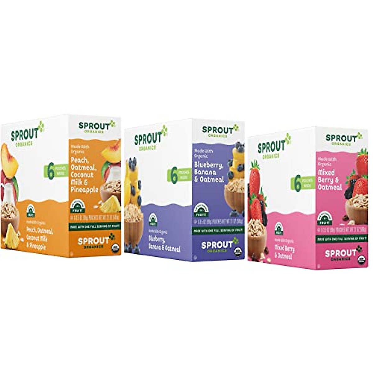 Sprout Organics, Stage 2 Variety Pack, Blueberry Banana Oatmeal, Mixed Berry Oatmeal & Peach Oatmeal with Coconunt Milk, 6+ Month Pouches, 3.5 oz (18-count)