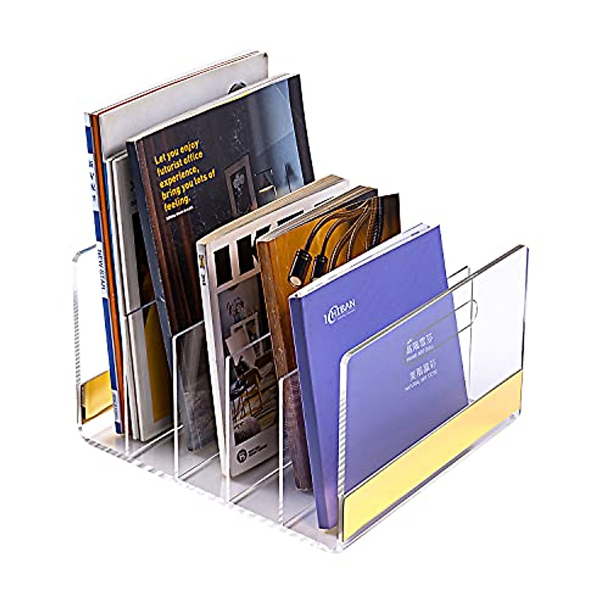 Mouchoi Acrylic Desk File Organizer, Clear File Organizer, Acrylic Magazine Holder, 5 Compartments, Gold Trim