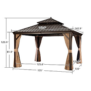 PURPLE LEAF 12' X 12' Outdoor Hardtop Gazebo Permanent Outside Heavy Duty Sun Shade Deck Canopy for Patio All Weather Aluminum Metal Roof Backyard Pavilion with Netting and Curtains