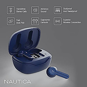 Nautica T400 True Wireless Earbuds, Bluetooth v5.1 TWS in-Ear Earphones with Built-in Mic, Wireless Bluetooth Earbuds with Charging case Touch Control, Ergonomic Design Sweat-Proof USB-C (Navy)