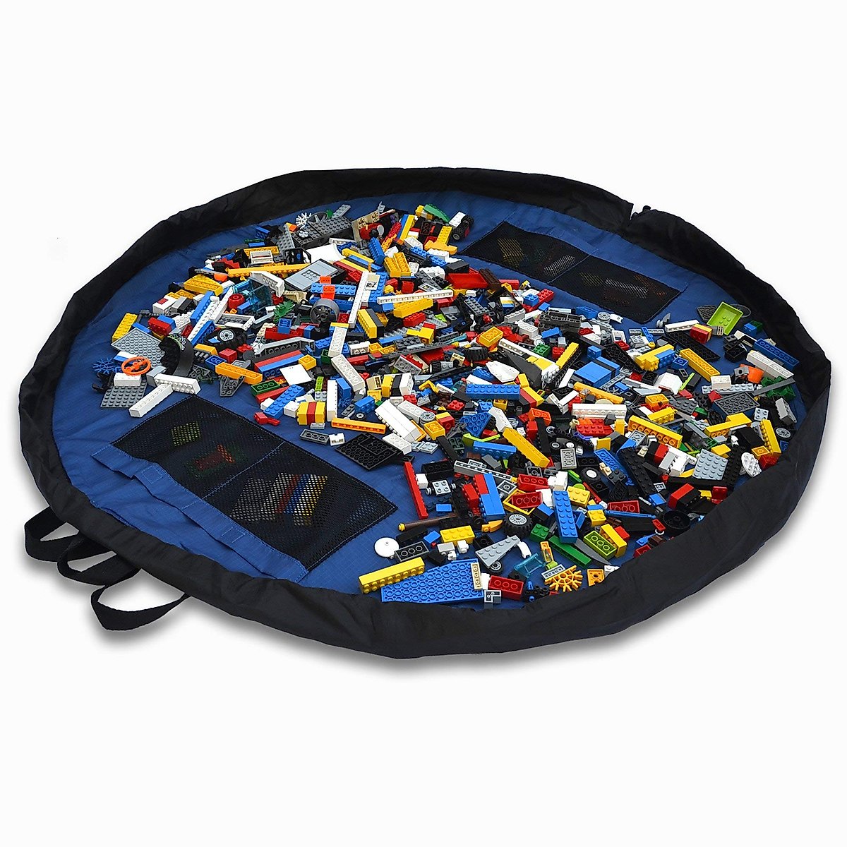 Lay-n-Go 4-in-1 Drawstring Toy Storage Organizer Mat - Durable Machine Washable Drawstring Bag for Lego & Other Toys - Easy-to-Clean Pull String Bag w/ 4 Mesh Pockets & Raised Lip (44”, Blue/Black)