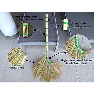 Handmade Asian Thai Broom Thick Natural Grass Brush & Handle Broomstick in Vintage Viet Whisk Straw Design