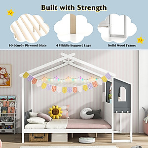 KOMFOTT Full House Bed with Desk, Wood Montessori Bed Frame with House Roof Canopy, 2 Drawers, Modern Playhouse Bed with Fence for Kids, Teens, Girls & Boys, No Box Spring Needed, White & Gray