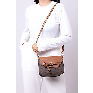 Michael Kors Emilia Small Saddle Flap Crossbody Brown MK Signature