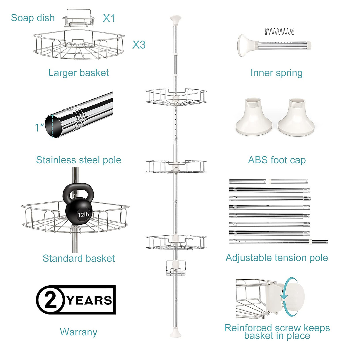 Tension Shower Caddy , Stainless Steel Corner Shower Caddy Stand Storage Organizer with Rustproof Tension Pole for Bathroom Bathtub Shampoo Soap Plants, 4 Tier Adjustable Shelves, 54 to 125 Inch