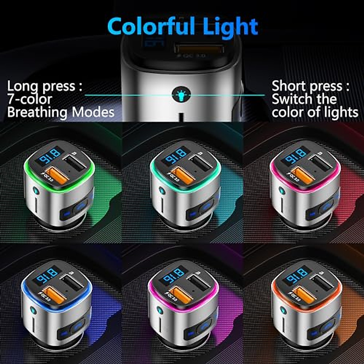 Bluetooth FM Transmitter for Car, SONRU Car Radio Bluetooth Adapter Music Player Kit, Support QC3.0 USB Charging, Handsfree Call, Siri Google Assistant, SD Card/U Disk, 7 Color Lights/LED Voltmeter