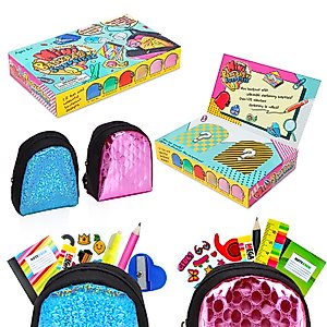 2 Pieces Mini Doll Backpack Toys with 12 Stationery Surprises Inside, Collectible Mini Backpack for Doll with Carabiner, Doll School Supplies Best Gift for Boys and Girls (Styles and Color Vary)