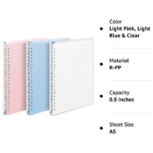 Kokuyo Campus Smart Ring Binders 3 Pack, A5 Light Colors Binder Notebooks, Up to 25 Sheets 20 Holes Slim Binder Folder with 10 Campus Sarasara Loose-leaf Paper Each for Study and Journal, Japan Import