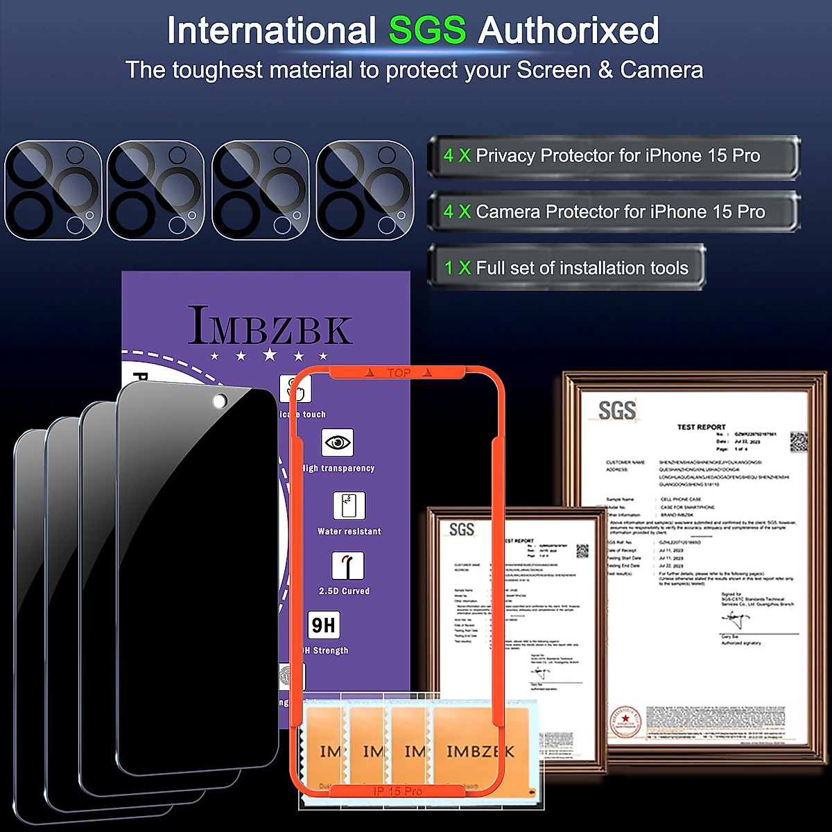 IMBZBK 4 Pack Privacy Screen Protector for iPhone 15 Pro Tempered Glass with 4 Pack Camera Lens Protector, Accessories 9H Anti Spy for Apple 15 Pro, 2.5d curved, Case Friendly, Transparent