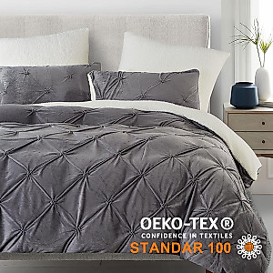 Nayoroom Velvet Duvet Cover Set Queen Size Gray Pinch Pleated Pintuck Reversible Sherpa Fleece Fluffy Comforter Cover 3Pcs Winter Warm Soft Flannel Fuzzy Bedding Set with Zipper Closure