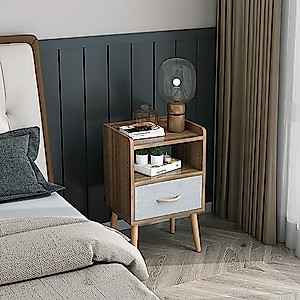 LUCKNOCK NightStand with Fabric Drawer, Bedside Table with Solid Wood Legs, Minimalist and Practical End Side Table with Open Storage Shelf for Bedroom,Walnut.