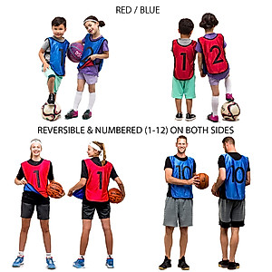 LVL10 Sports Pinnies - Reversible Numbered Practice Vest Pennies for Soccer, Basketball Scrimmages - Adults Kids (Large, 12 Pack (1-12), Red/Blue)