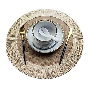 Placemats 4Pcs Jute Placemat Linen Fringe Holiday Round Table Mat Environmental Heat Insulation Non Slip Mat