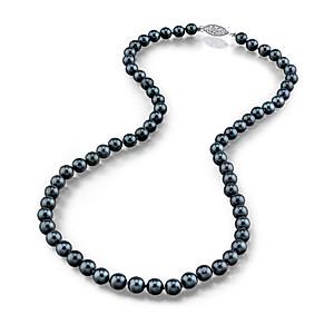 The Pearl Source 14K Gold 5.0-5.5mm Round Genuine Black Japanese Akoya Saltwater Cultured Pearl Necklace in 18" Princess Length for Women