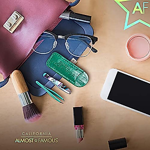 Almost Famous Beauty Eyebrow Tweezers For Women, or Men, Ingrown Facial Hair Removal, Loose Hair Removal Tweezers, With Leather Case, Fulfill Precision, Holiday Gift, Gift - Green (Pack of 2)