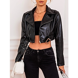 WDIRARA Women's PU Leather Zipper Buckle Belted Long Sleeve Motorcycle Crop Jacket Black L