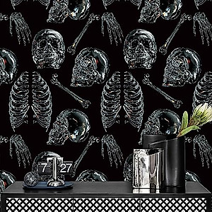 Peel and Stick Wallpaper Gothic Wallpaper Clear Crystal Skull Wallpaper Black Removable Wallpaper Removable Accent Wall Decorations Temporary Wallpaper for Bedroom & Halloween Party 17.3"x118.1"