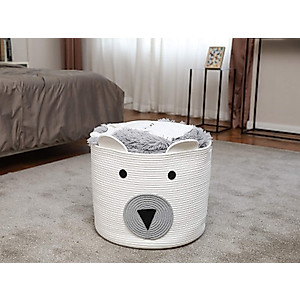 Bear Basket, Animal Basket, Large Cotton Rope Basket, Large Storage Basket, Woven Laundry Hamper, Cloth Storage Bin, for Clothes in Bedroom (White, 18"x15")