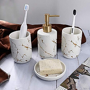 Qulable Cream Bathroom Accessories Set Complete, 4 Pcs Ceramic Bathroom Decorations Accessories Sets Includes Lotion Dispenser, 2 Tumblers and Soap Dish for Bath Decor, Countertop Vanity Organize