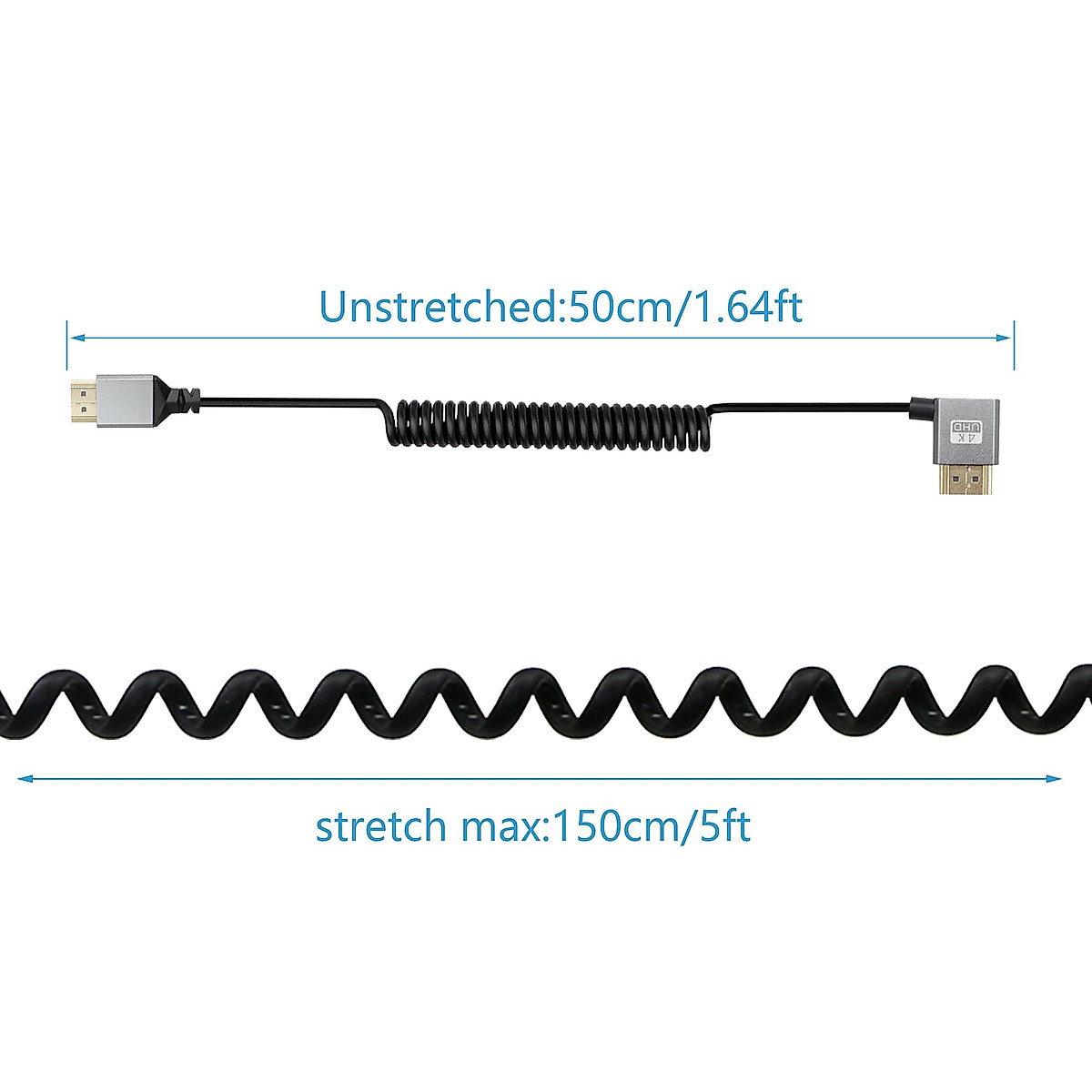 RIIEYOCA 90 Degree Left Angle UHD 4K HDMI Male to HDMI Male 18Gbps High Speed 2.0 Extender Coiled Cable Supports 4K@60Hz,1080p,ARC,3D,for DVRs,HDTV,Roku Ultra Stretchable to 1.5M/5FT