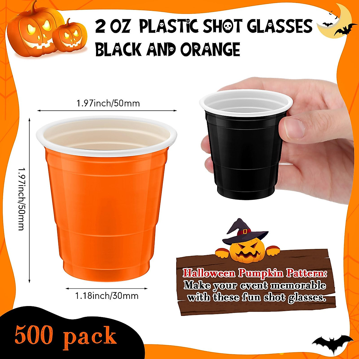 Lounsweer 500 Pcs 2 oz Halloween Cups Bulk Mini Plastic Shot Cups for Party Disposable Shot Glasses Bulk Party Favor Glasses for Wedding Thanksgiving Christmas Parties, Black and Orange