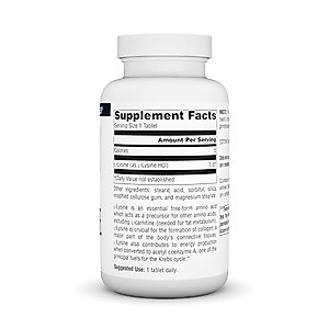 Source Naturals L-Lysine Free Form -Amino Acid Supplement Supports Energy Formation & Collagen* - 100 Tablets