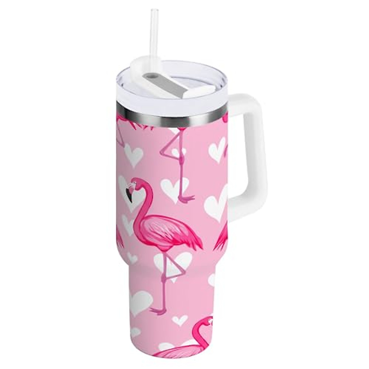 Burbuja Flamingos Standing on One Leg 40oz Insulated Tumblers with Handle and Straw Lid, Double Wall Stainless Steel Travel Mug Leak-Proof, BPA Free, Gift for Mom Dad