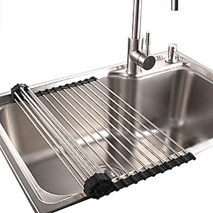 Roll up Dish Drying Rack RV Folding Over Sink 304 Stainless Steel in Kitchen Dish Drainer Heat Resistant Mat Multipurpose Portable Dish Trainer,Black,17x12inches