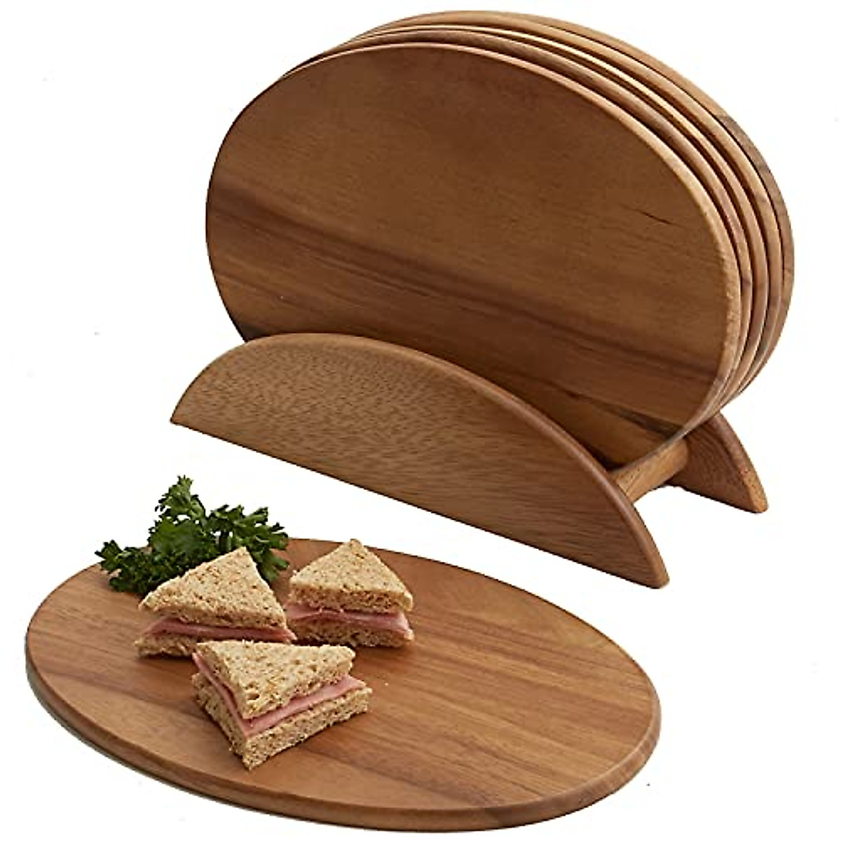 Woodard & Charles 6 Acacia Wood Serving Boards with Stand, Perfect for Serving, Sushi, Cheese, Hors D'Oeuvre, Charcuterie, Sandwiches, 7 Piece Set, 9 1/2" x 6 1/2"