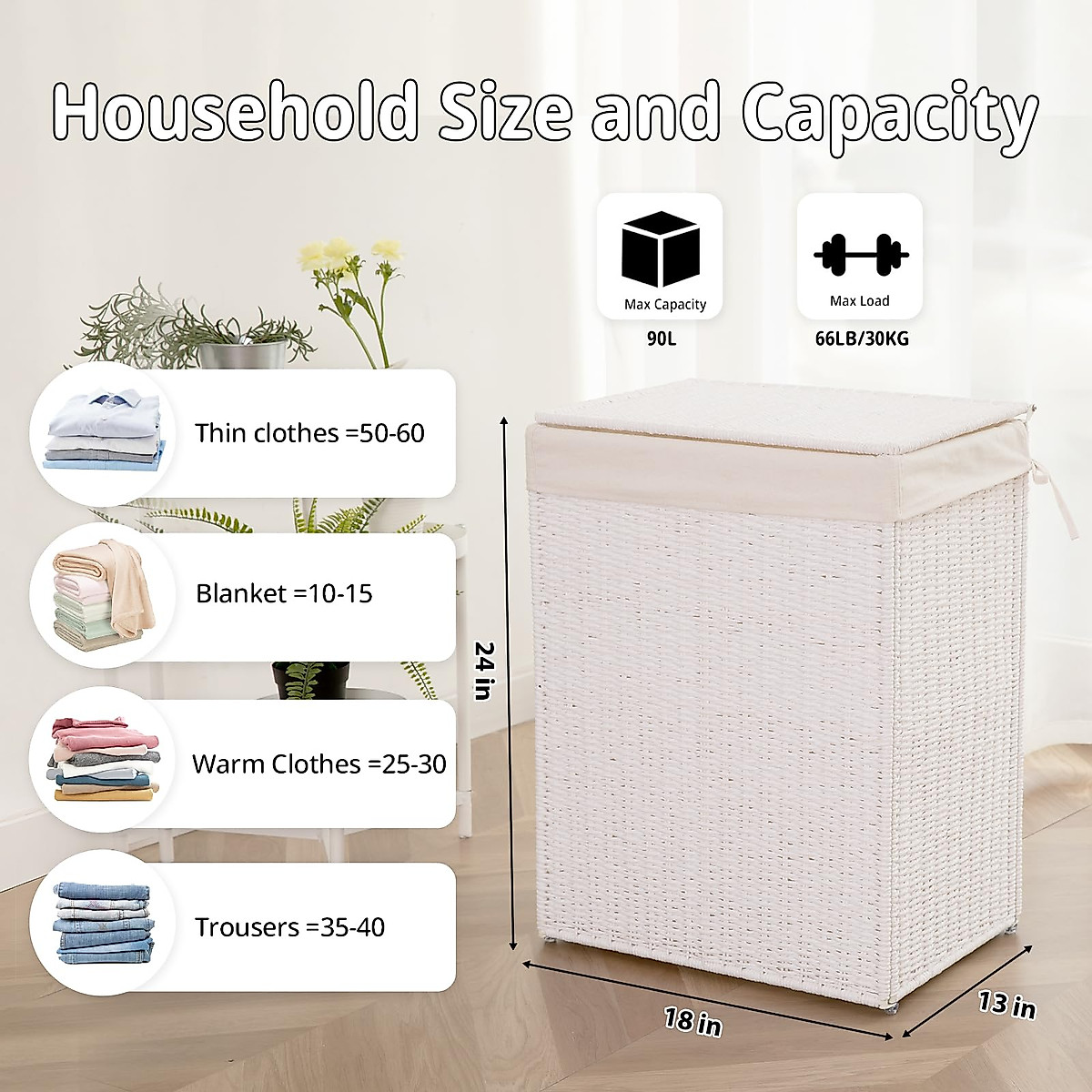 OIAHOMY Laundry Hamper with Lid, 23.8 Gal (90L) Wicker Hamper with Removable Liner Bags, Handwoven Clothes Hamper with Handles, Foldable Woven Paper Rope Hamper for Laundry Room, Bedroom-White