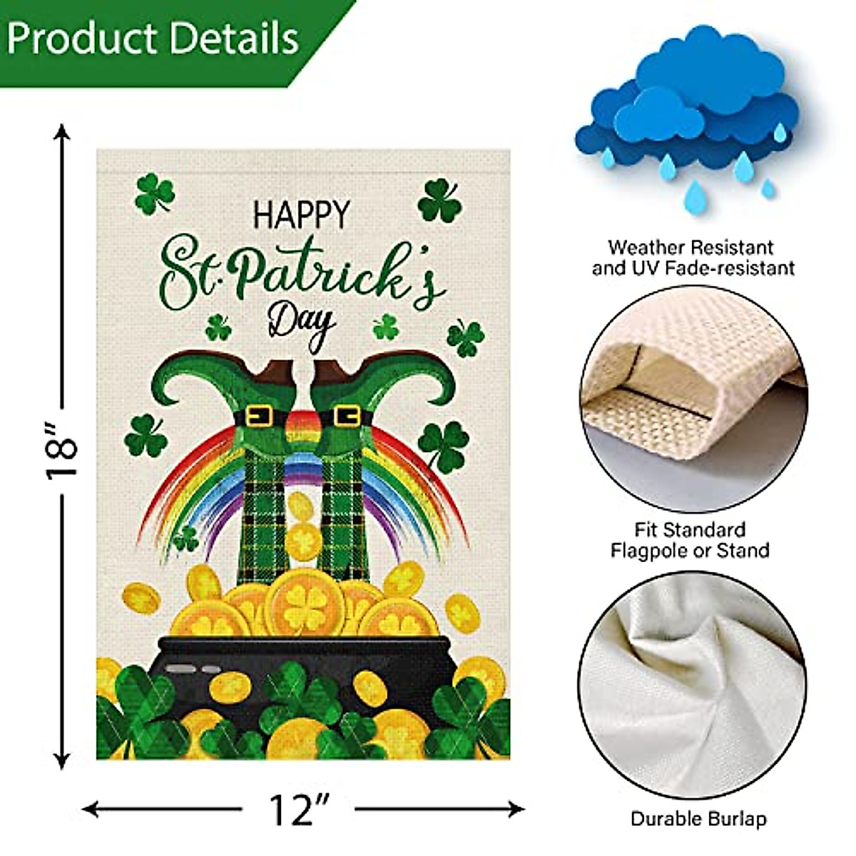 Spring St. Patrick's Day Garden Flag 12x18 Double Sided, Burlap Small Lucky Leprechauns Shamrock Welcome Yard Flag Banner Gold Coin Pot Rainbow Clover Sign for Home Outside Outdoor Decor (ONLY FLAG)