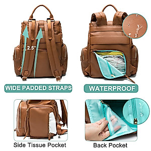 MOMINSIDE Diaper Bag Backpack with 14 Pockets, Leather Baby Bag, Large Capacity, Baby Registry, 4 Insulated Pockets, Wet Dry Bag, Changing Pad, Stroller Straps (Brown)