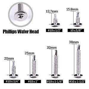 Hilitchi 410 Stainless Steel #10 Wafer Head Phillips Self Drilling Screws Sheet Metal Tek Screws Assortment Kit, Modified Truss Head Self Driller - Size: #10 x 1/2'' - 1-1/2'' - Pack of 200
