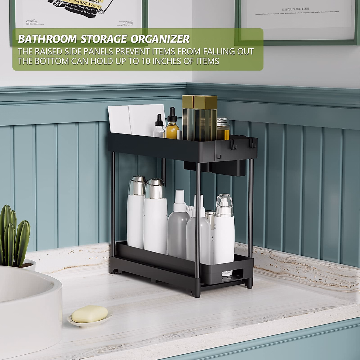 Yciuse Under Sink Organizers and Storage, 2-Tier Bathroom Kitchen Organization and Storage, Bathroom Cabinet Organiz With Sliding Drawers, Under Sink Storage Shelves with Hooks Hanging Cup Dividers